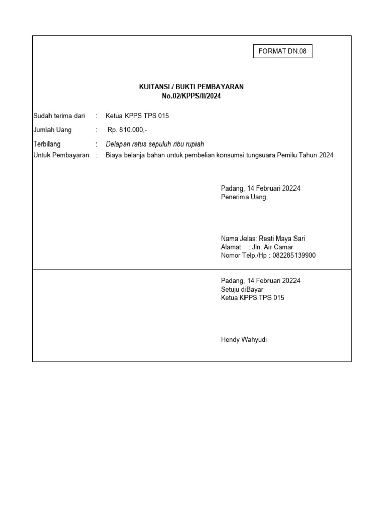 FORMAT DN-08 (Kuitansi KPPS) | PDF