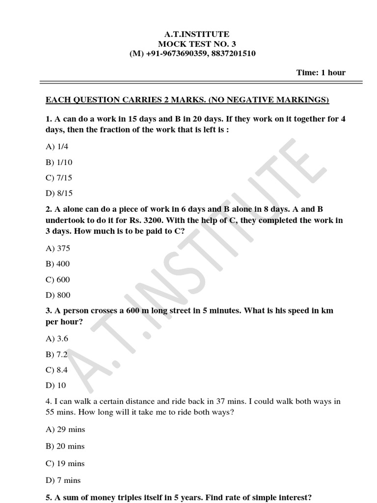 A.T. Institute Mock Test 3 Solutions | PDF | Speed
