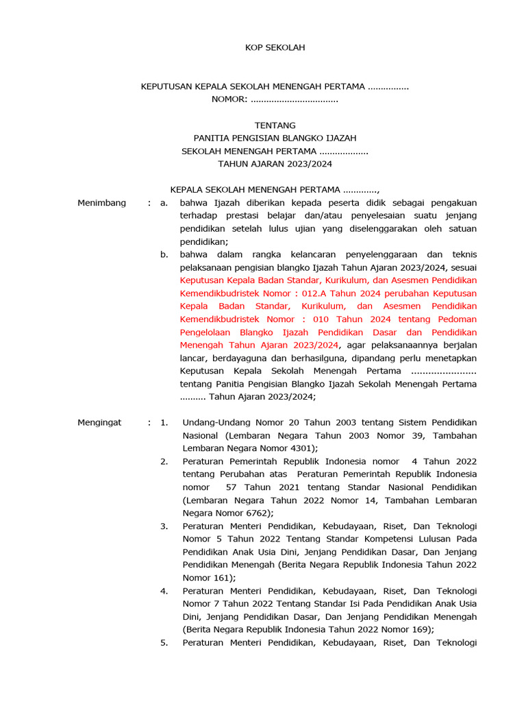 Contoh SK Panitia Penulisan Ijazah SMP - 23 - 24 | PDF