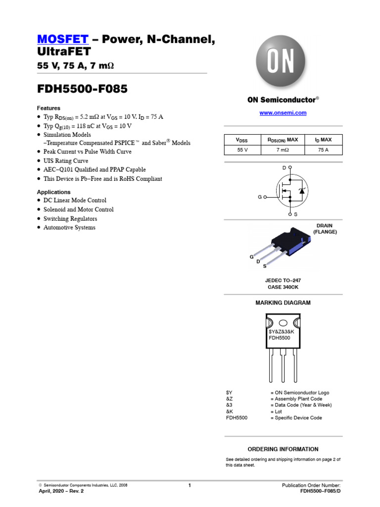 Mosfet: - Power, N-Channel, Ultrafet Fdh5500-F085 | PDF | Field Effect ...