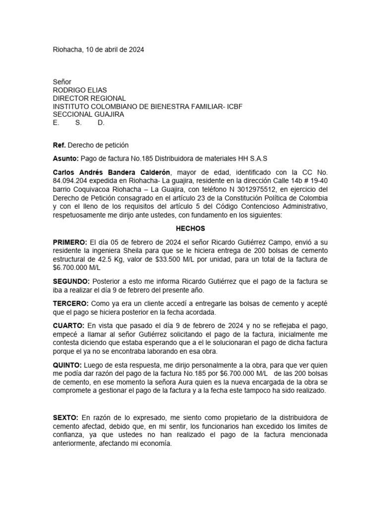 Derecho de Peticion Carlos Bandera- Pago de Factura | Descargar gratis ...