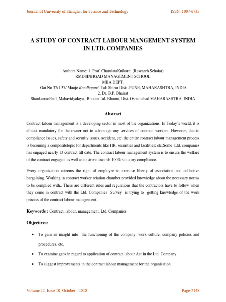 Updated A Study of Contract Labour Mangement System in Ltd. Companies ...