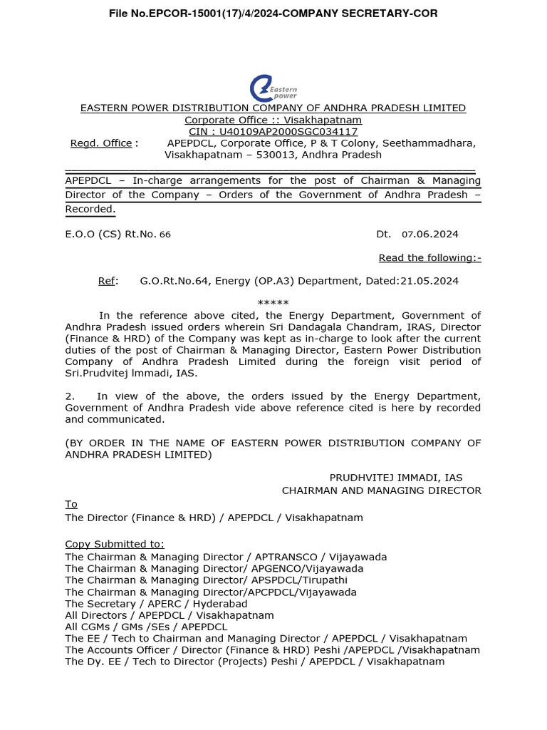 Issued in Charge Arrangements To The Post of CMD - EOO 66 - DT 07-06 ...