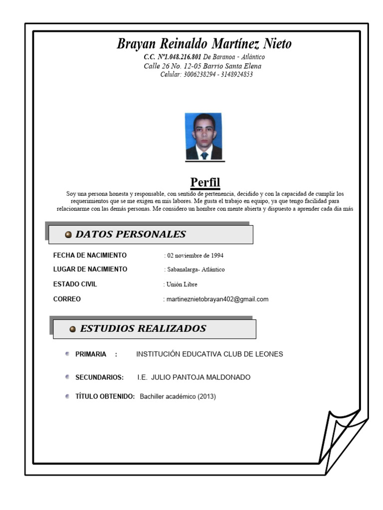 Hoja de Vida Brayan Martinez | PDF