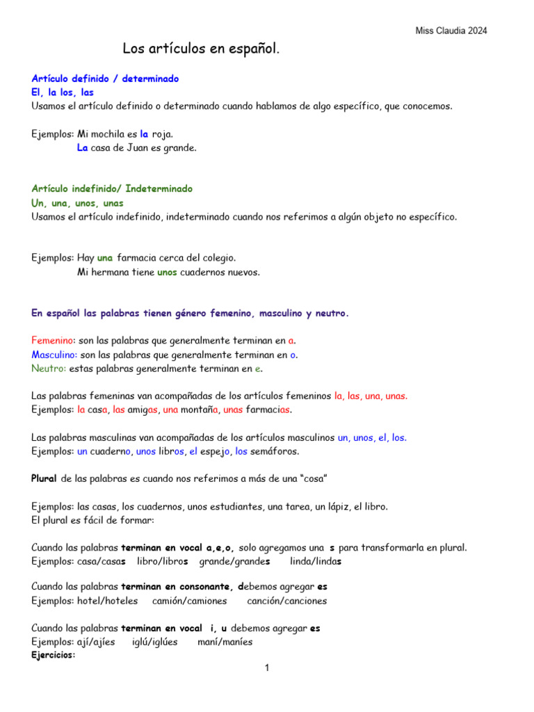 Uso de Artículos y Plurales en Español | PDF | Morfología Lingüística ...