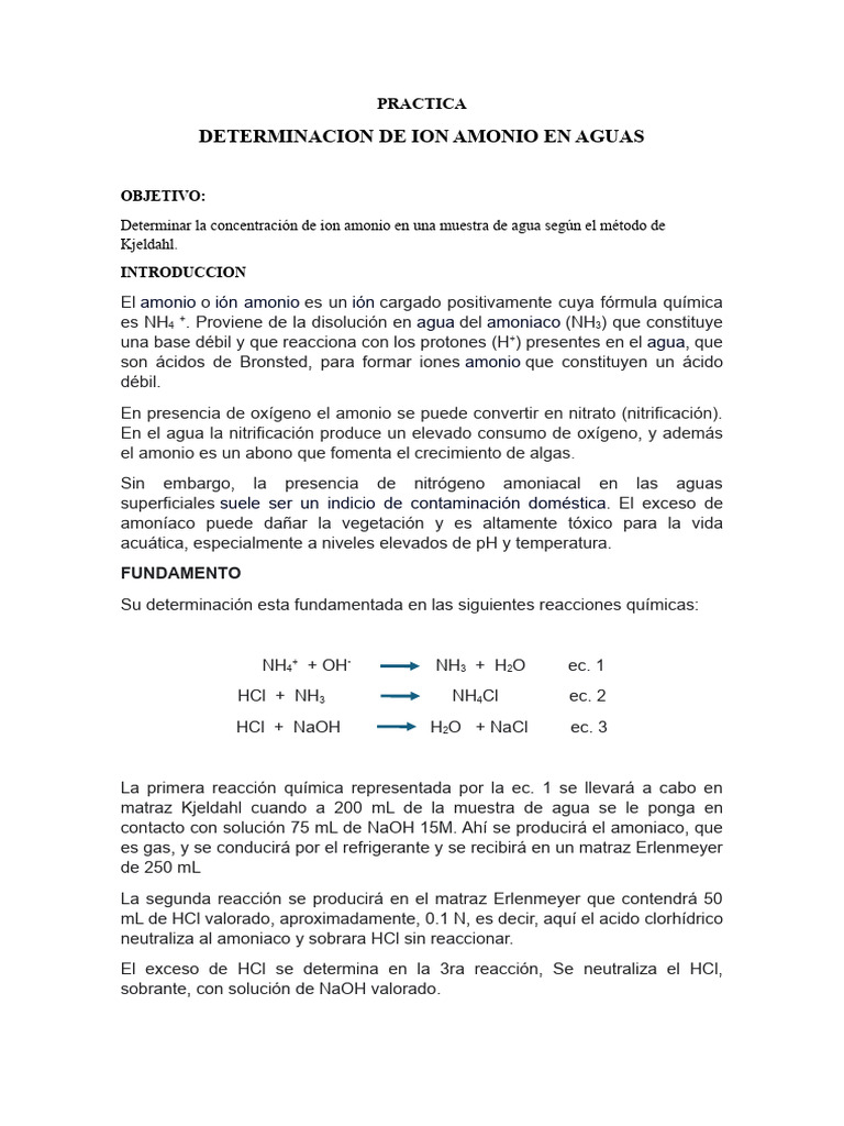 Determinacion de Amonio en Aguas | PDF | Amoníaco | Ácido clorhídrico