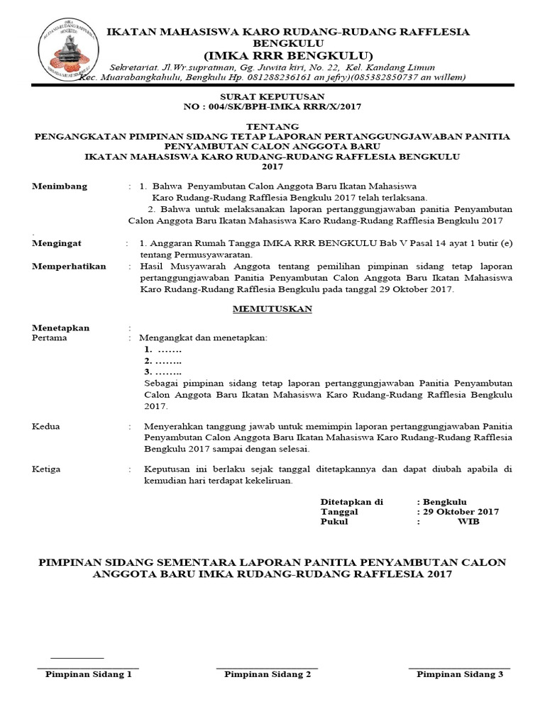004 SK Pengangkatan Pimpinan Sidang Tetap Laporan Pertanggungjawaban Panitia Penyambutan Calon ...