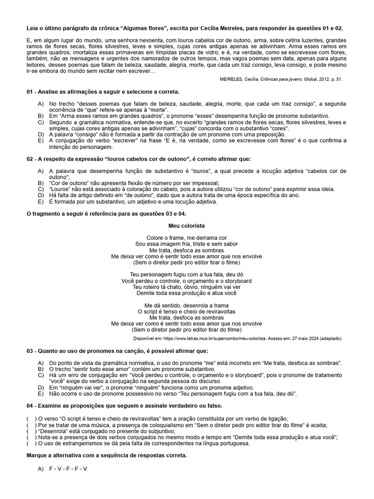 GRAM-TICA - Lista de Exerc-Cios 1 - 2024 | PDF | Pronome | Idiomas