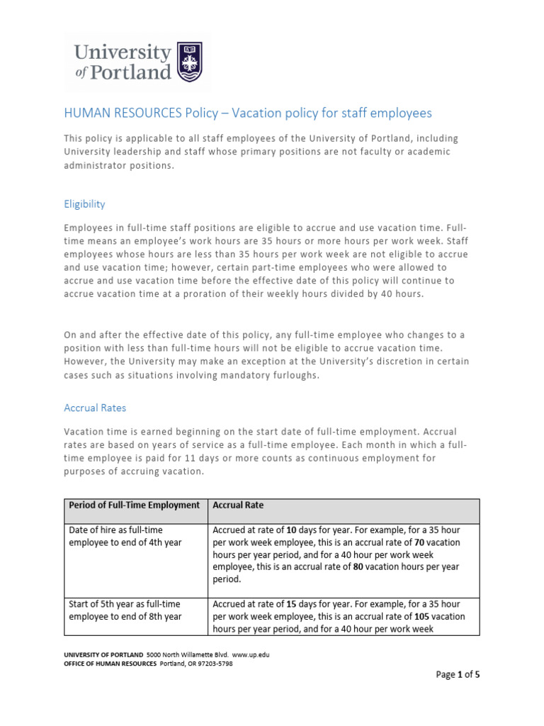 Human Resources Policy - Vacation Policy For Staff Employees - Approved ...