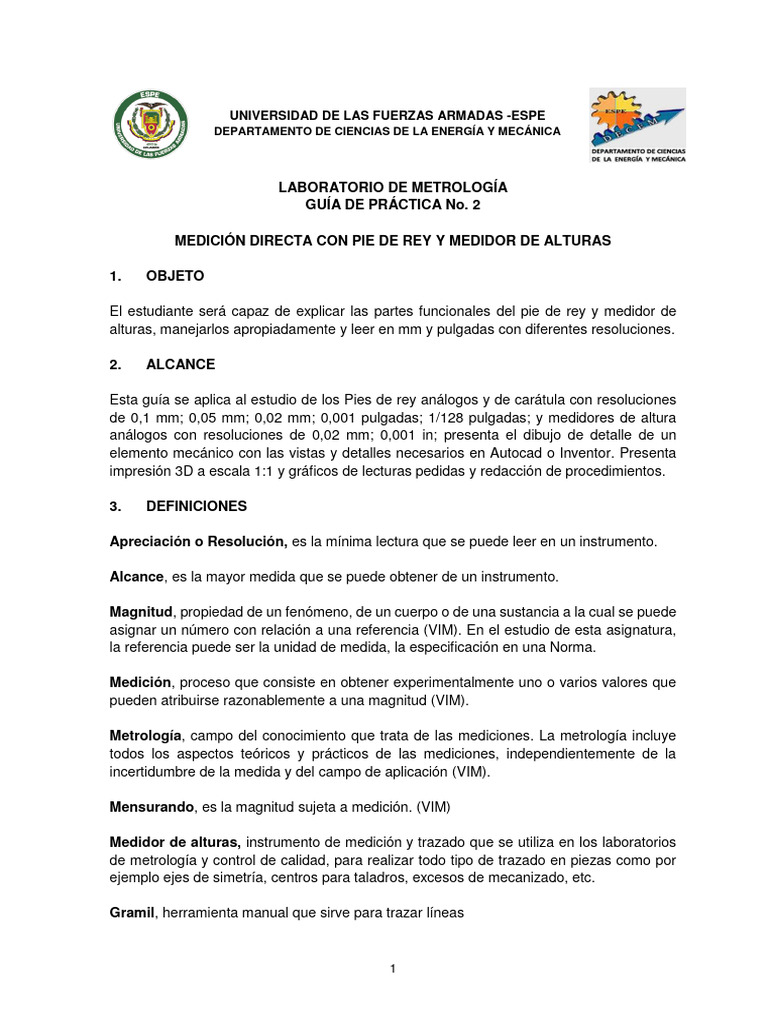GUÍA 2 Medición Directa Con Pie de Rey y Medidor de Alturas | PDF | Metrología | Medición
