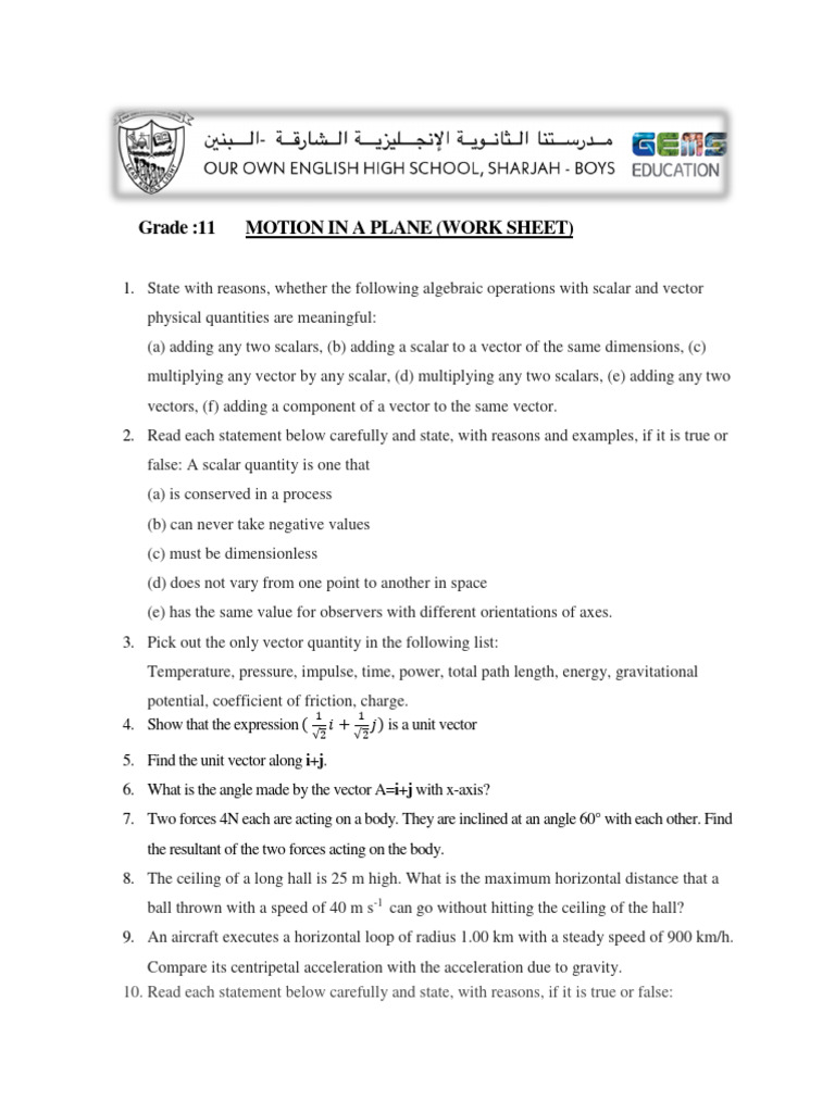 Grade 11 - Physics - Motion in A Plane | PDF | Teaching Methods & Materials