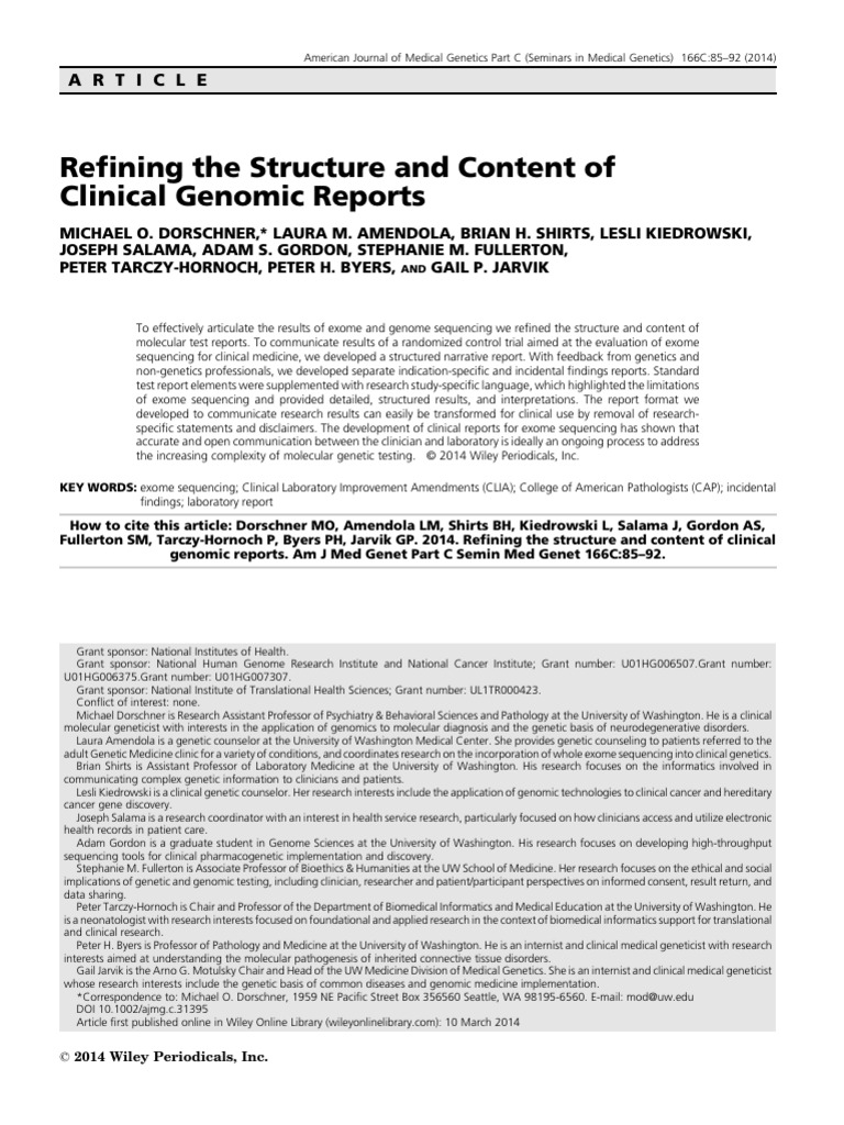 Dorschner Et Al. - 2014 - Refining The Structure and Content of Clinical Genomic Reports | PDF ...