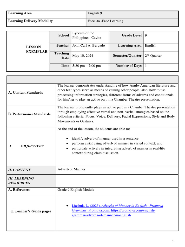 Daily Lesson Plan Adverb of Manner | PDF | Learning | Lesson Plan