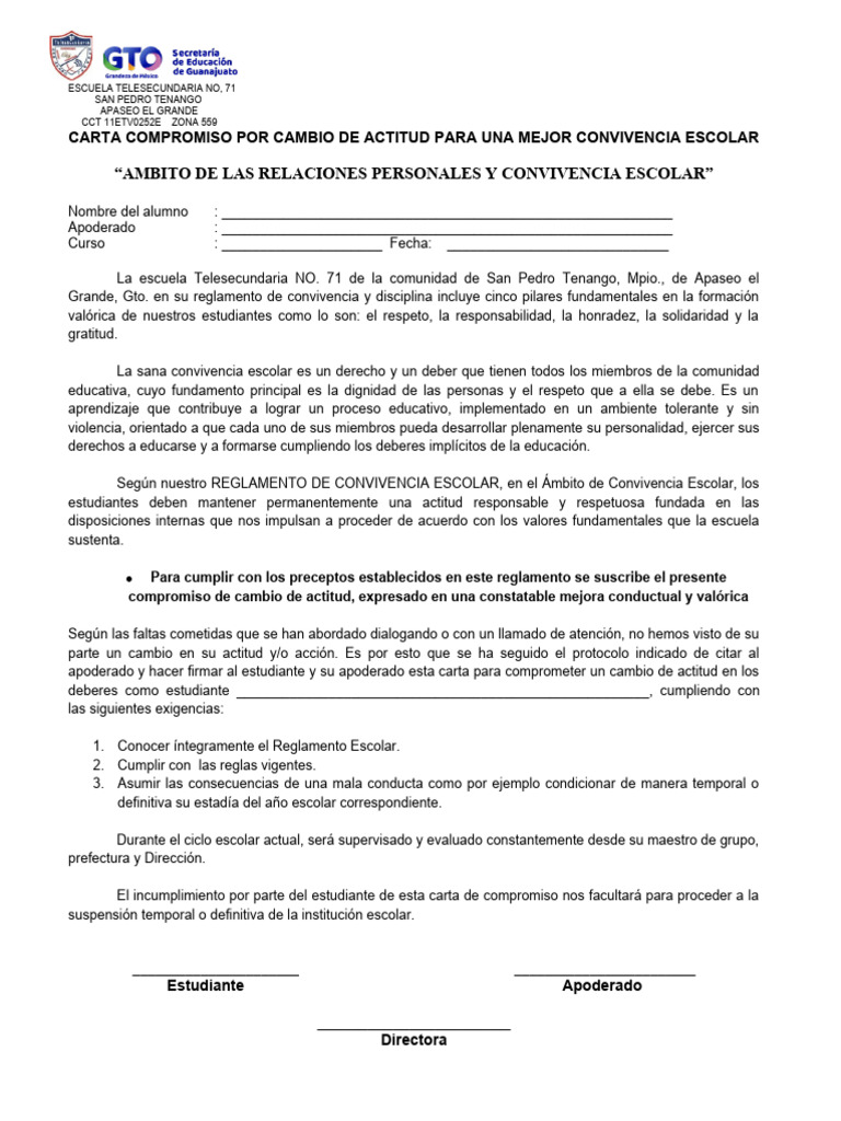 Carta Compromiso Por Faltas Que Alteran La Convivencia Escolar Pololo ...
