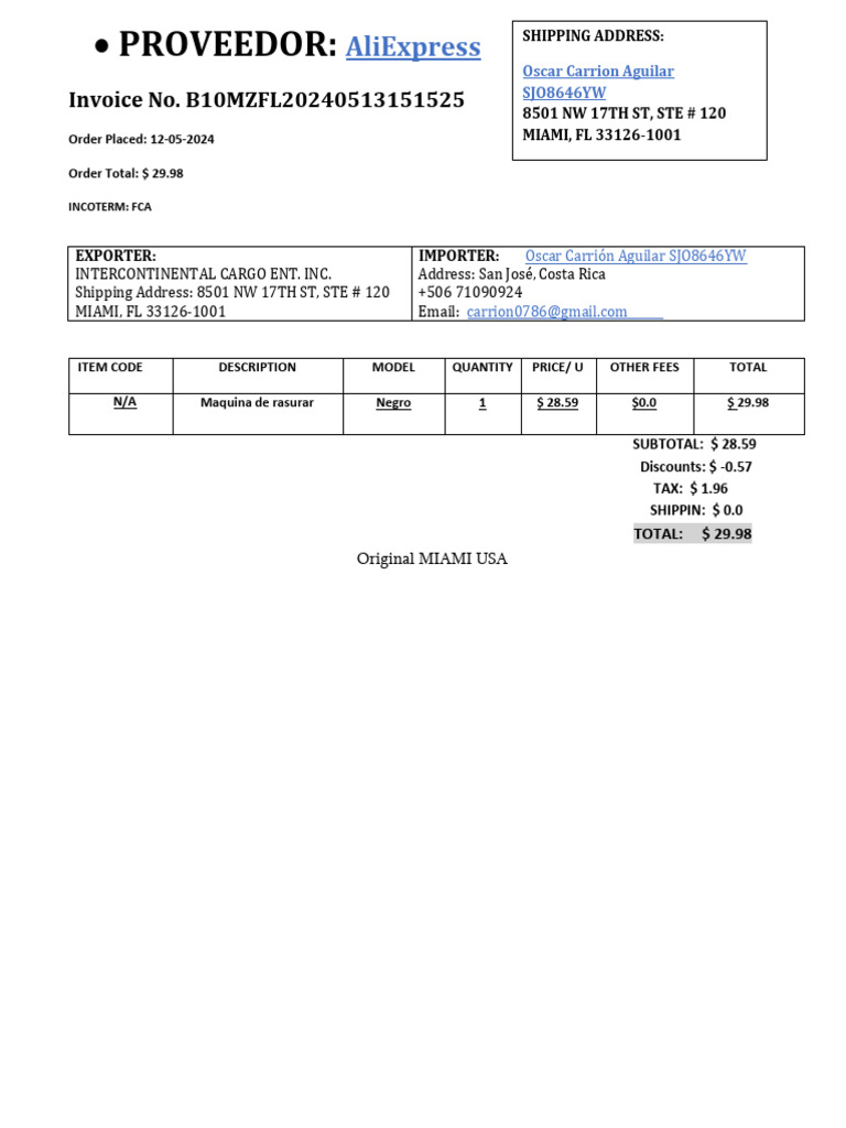 AliExpress Invoice for Order B10MZFL2024 | PDF