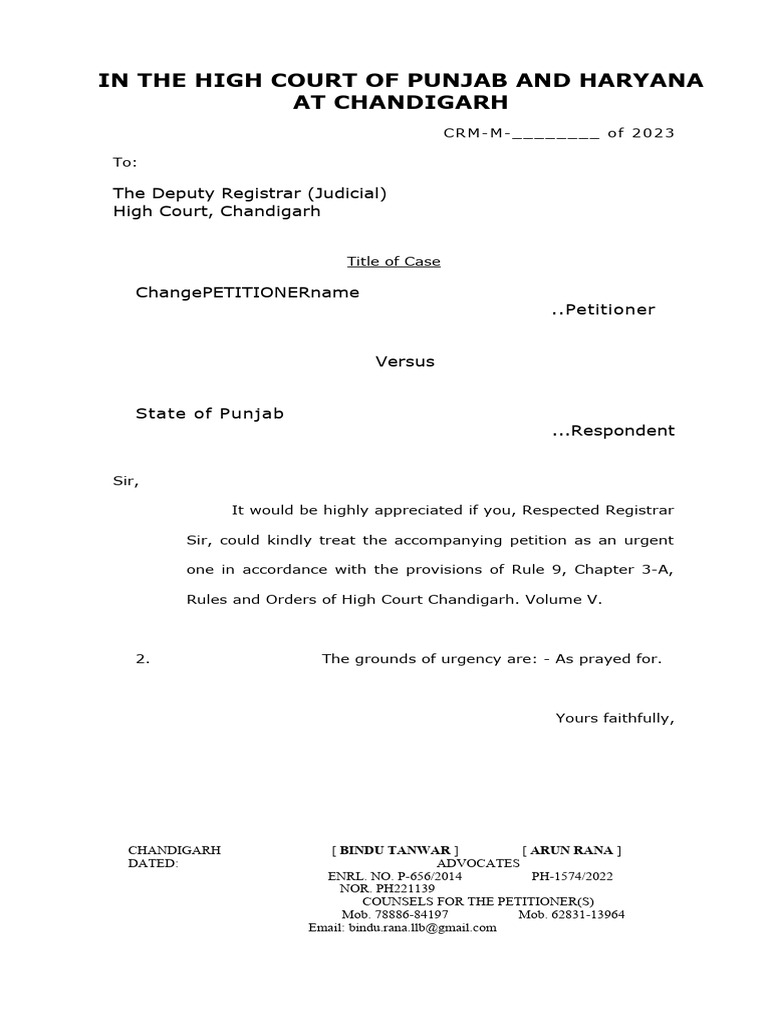 Sample Regular Bail Application 439 CRPC in PHHC in Attempted Murder ...