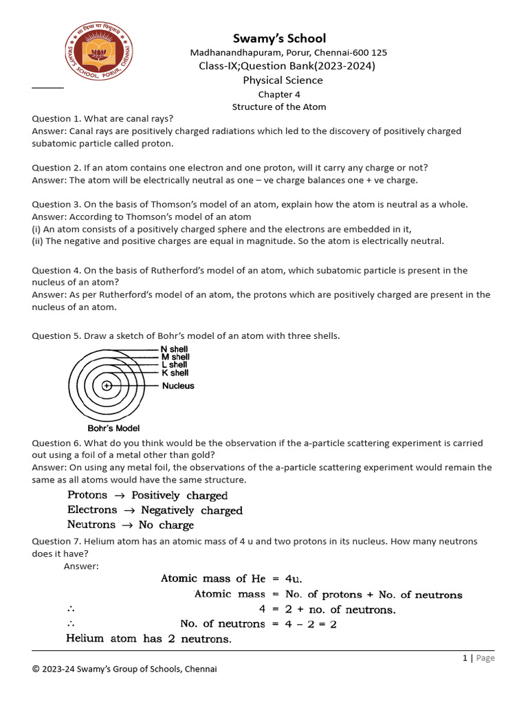 Question Bank Physical Science Class IX Dec 2023 | PDF | Atoms | Atomic ...