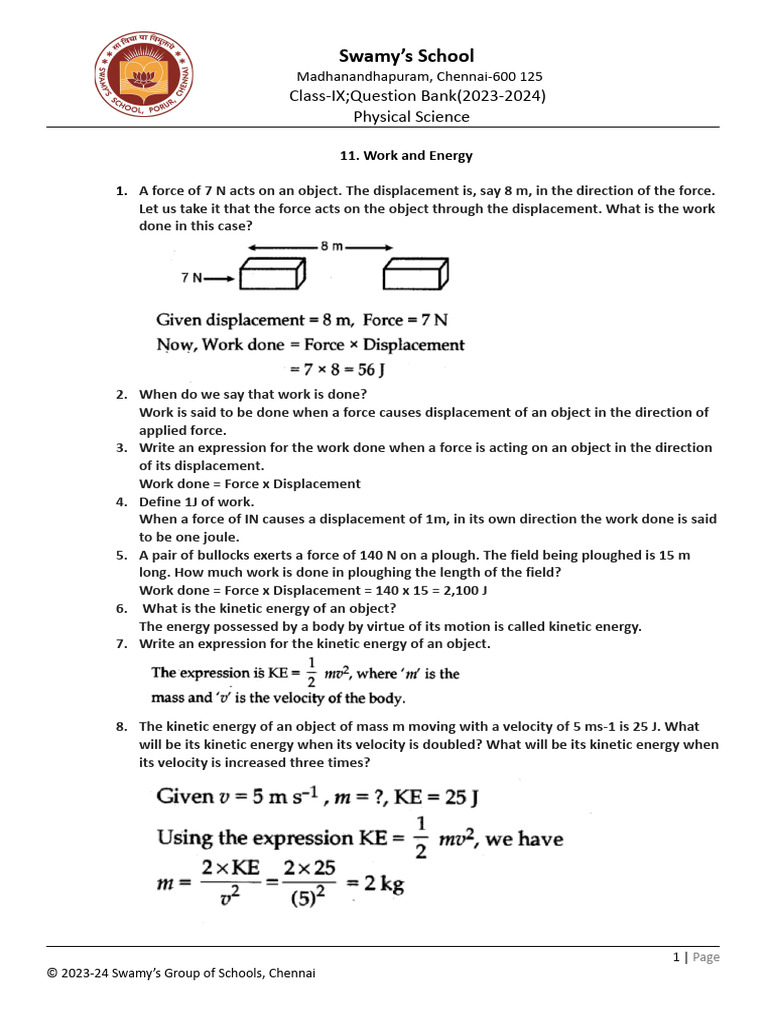 Question Bank Physical Science Class IX Nov 2023 | PDF | Force | Mass
