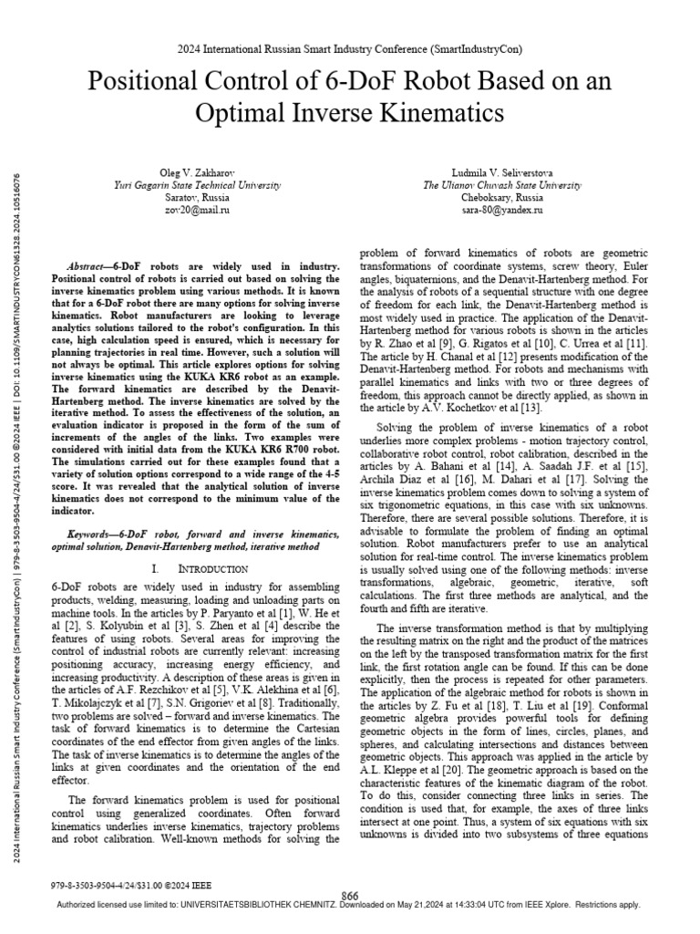 Positional Control of 6-DoF Robot Based On An Optimal Inverse Kinematics | PDF | Kinematics ...