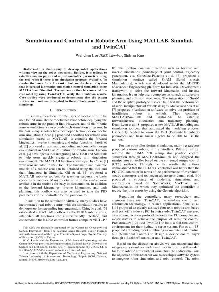 Simulation And Control Of A Robotic Arm Using Matlab Simulink And Twincat Download Free Pdf 