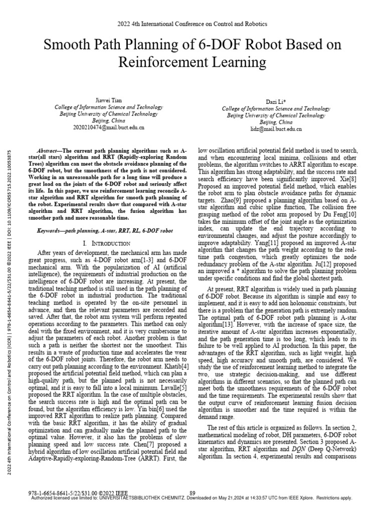 Smooth Path Planning Of 6 Dof Robot Based On Reinforcement Learning Pdf Artificial Neural