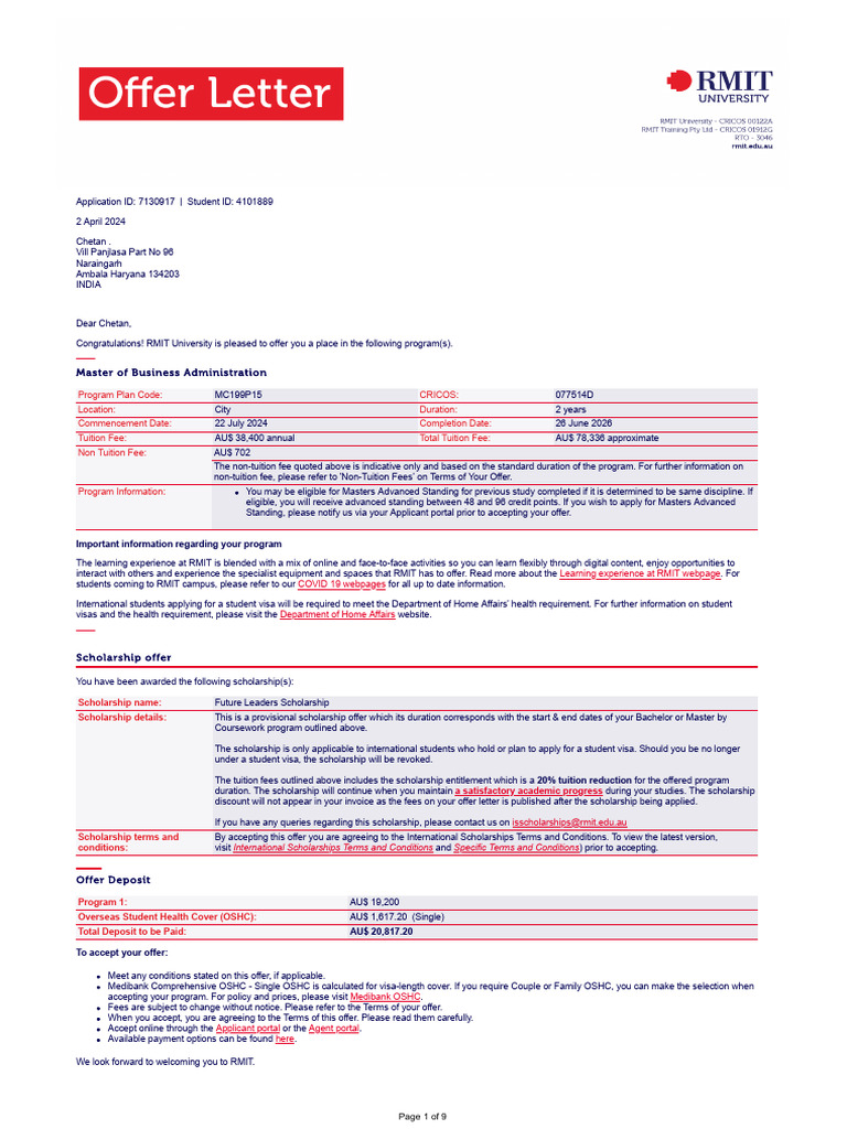 UNCONDITIONAL OFFER | PDF | Travel Visa | Fee