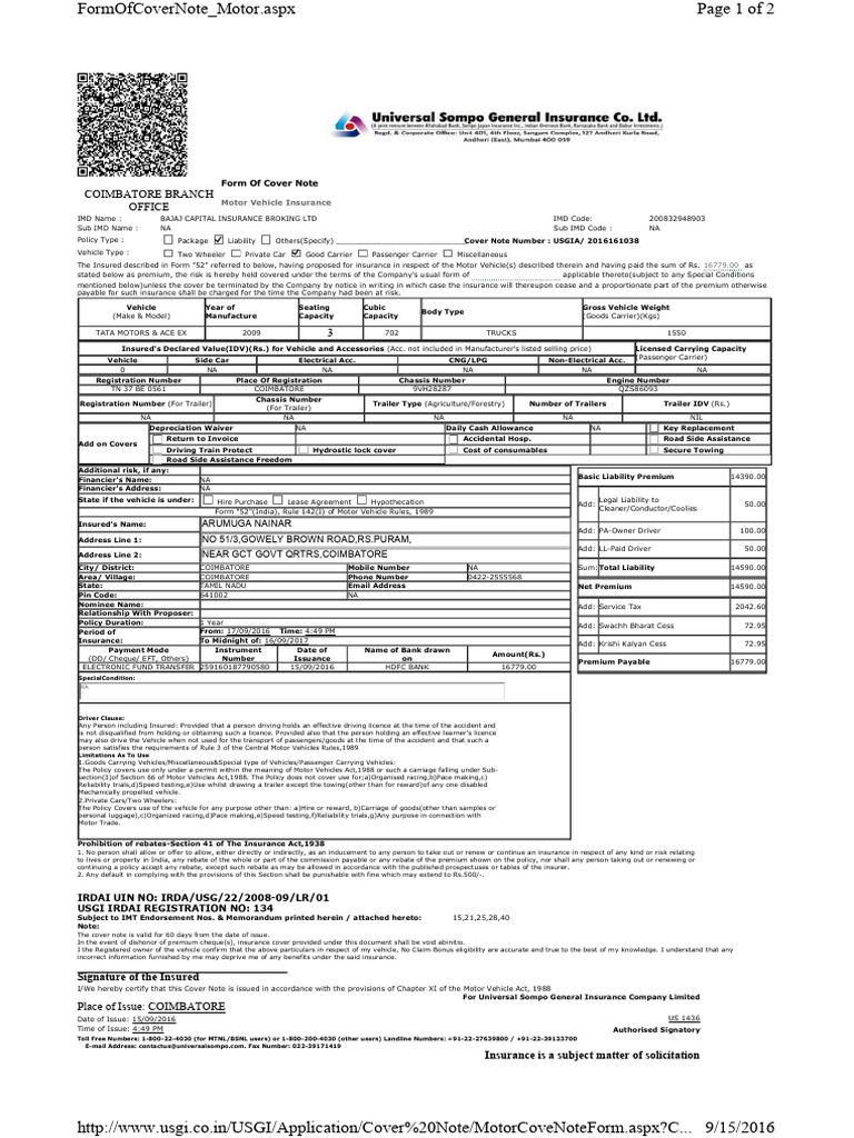 Arumuga Nainar Cover Note | PDF | Insurance | Vehicles