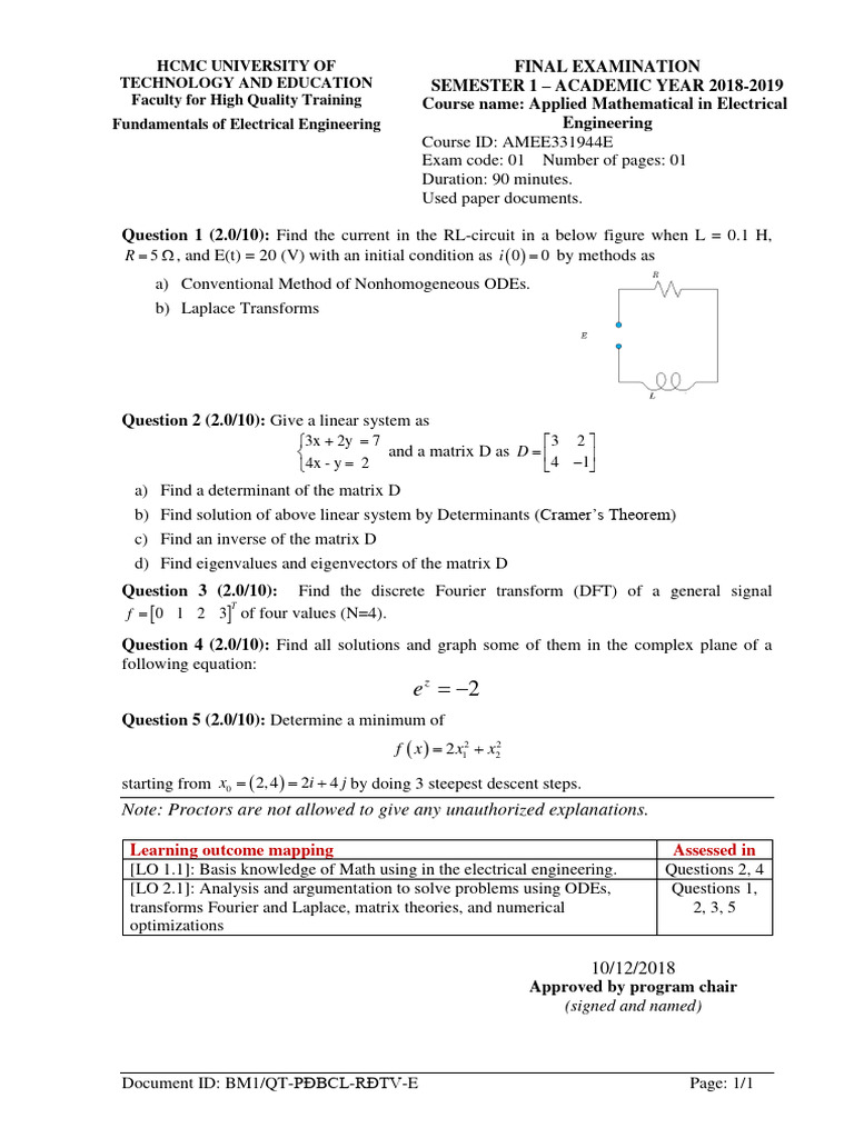 Applied Mathematical in Electrical Engineering - Final Exam (Semester I ...