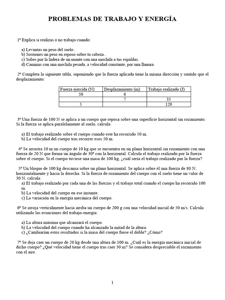Ejercicios de Trabajo, Potencia y Energía Con Soluciones | PDF | Fuerza ...
