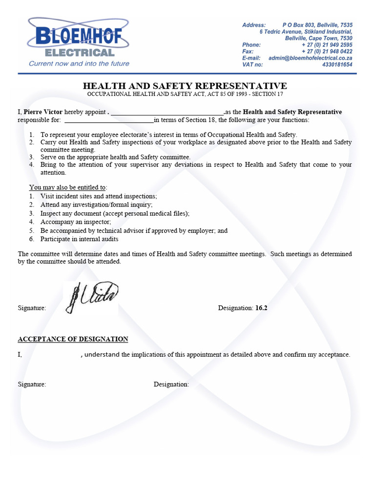 Health and Safety Representative Appointment | PDF | Law