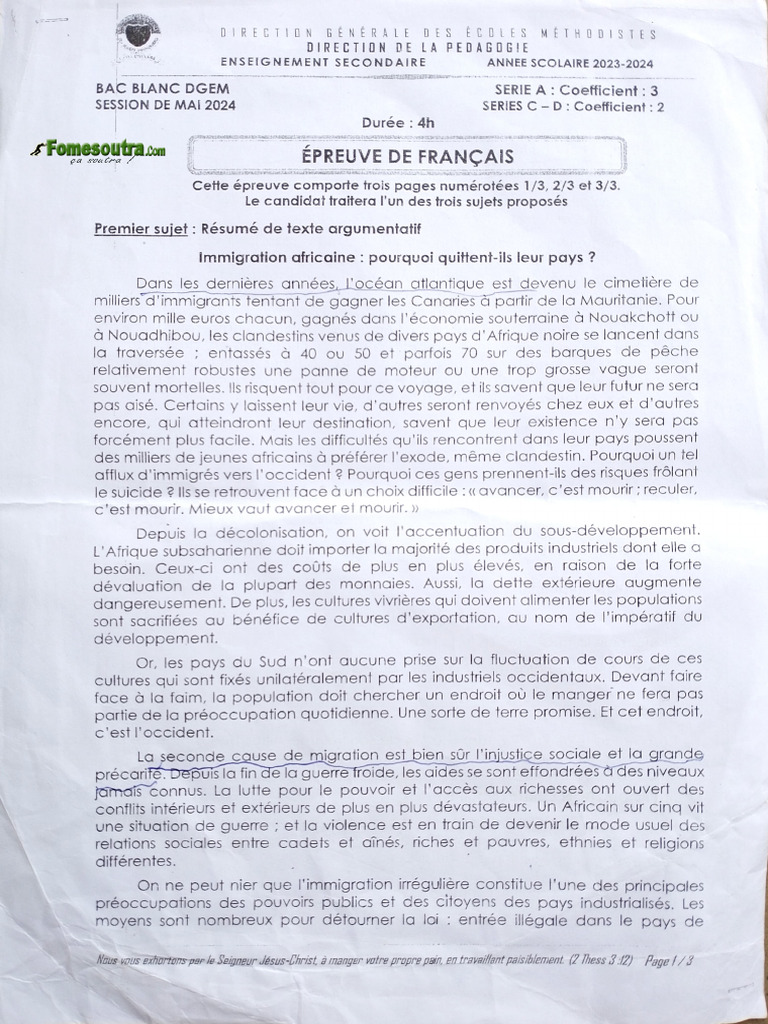 Examen Bac Blanc Mai 2024 Fin D'année DGEM CSM Cocody Epreuve de ...