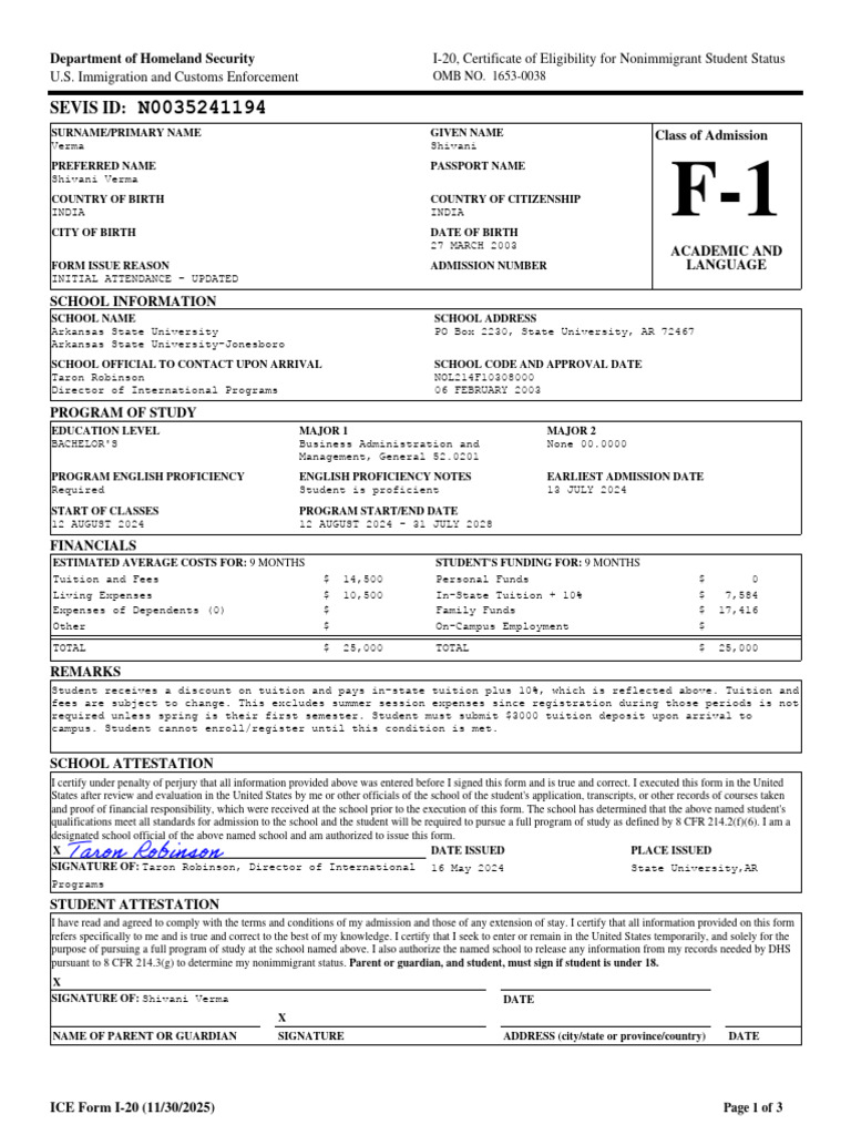 I-20 Form for Shivani Verma | PDF | Travel Visa | Government