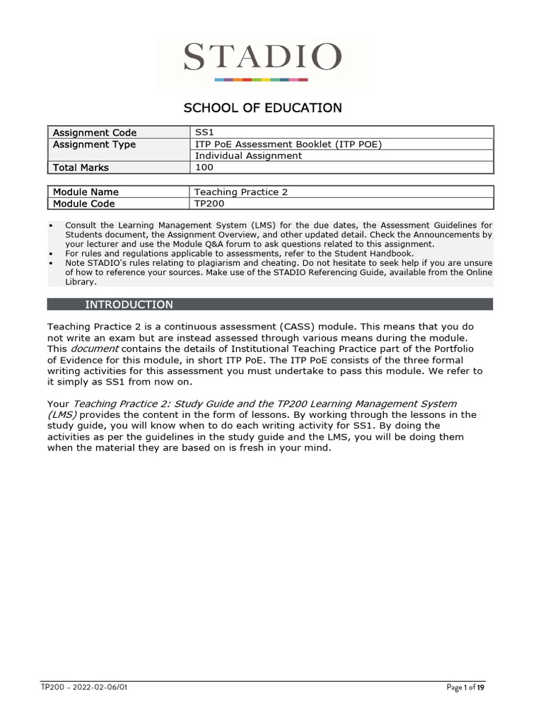 STADIO Assignment Template - TP200-SS1 | PDF | Lesson Plan | Learning
