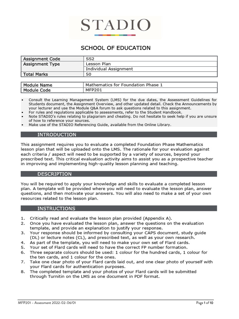 STADIO Assignment Template - MFP201-SS2 (1) - 2 | PDF | Lesson Plan ...