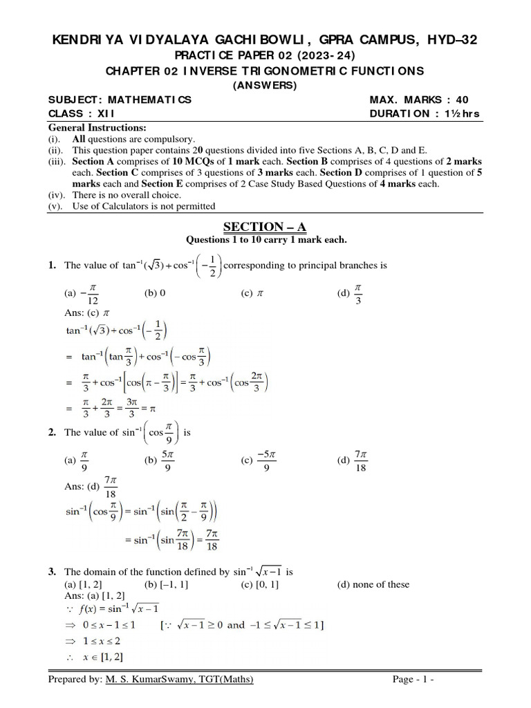 Class 12 Inverse Trigonometry Test Paper | PDF | Function (Mathematics ...