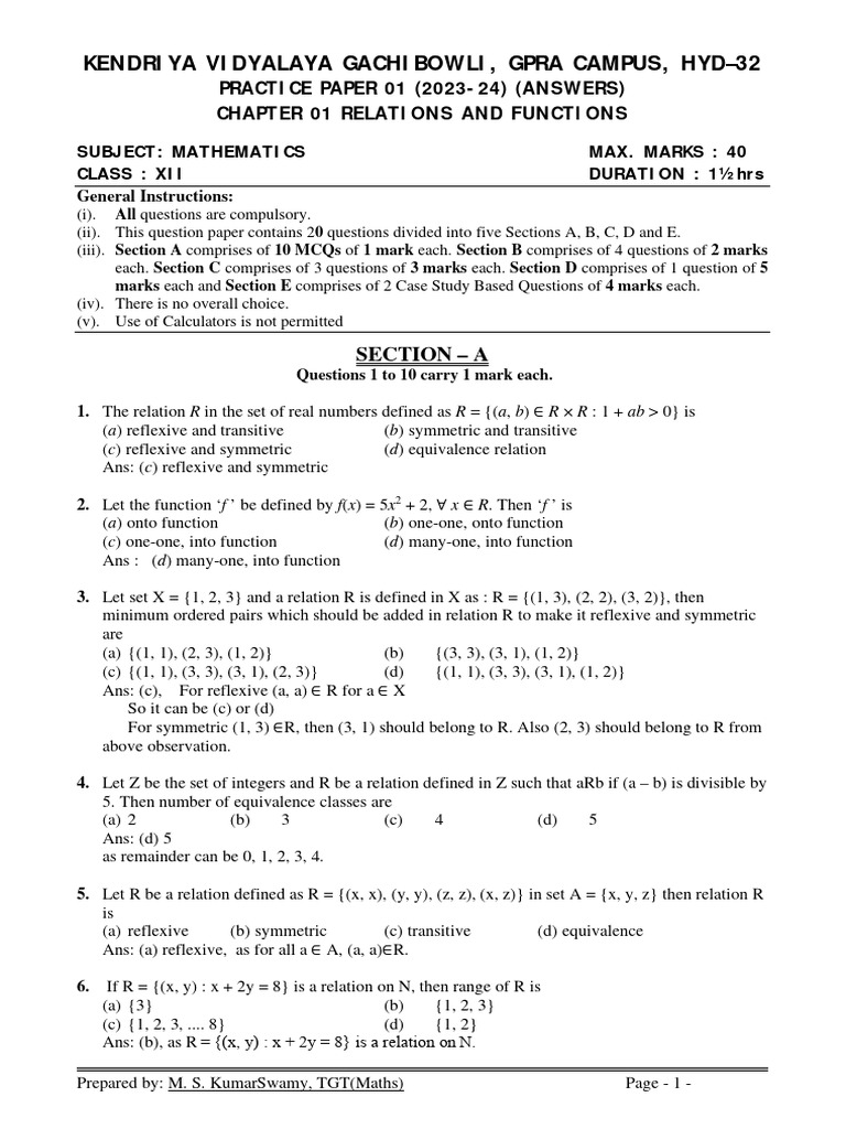 Maths Class Xii Chapter 01 Relations and Functions Practice Paper 01 Answers | PDF | Function ...