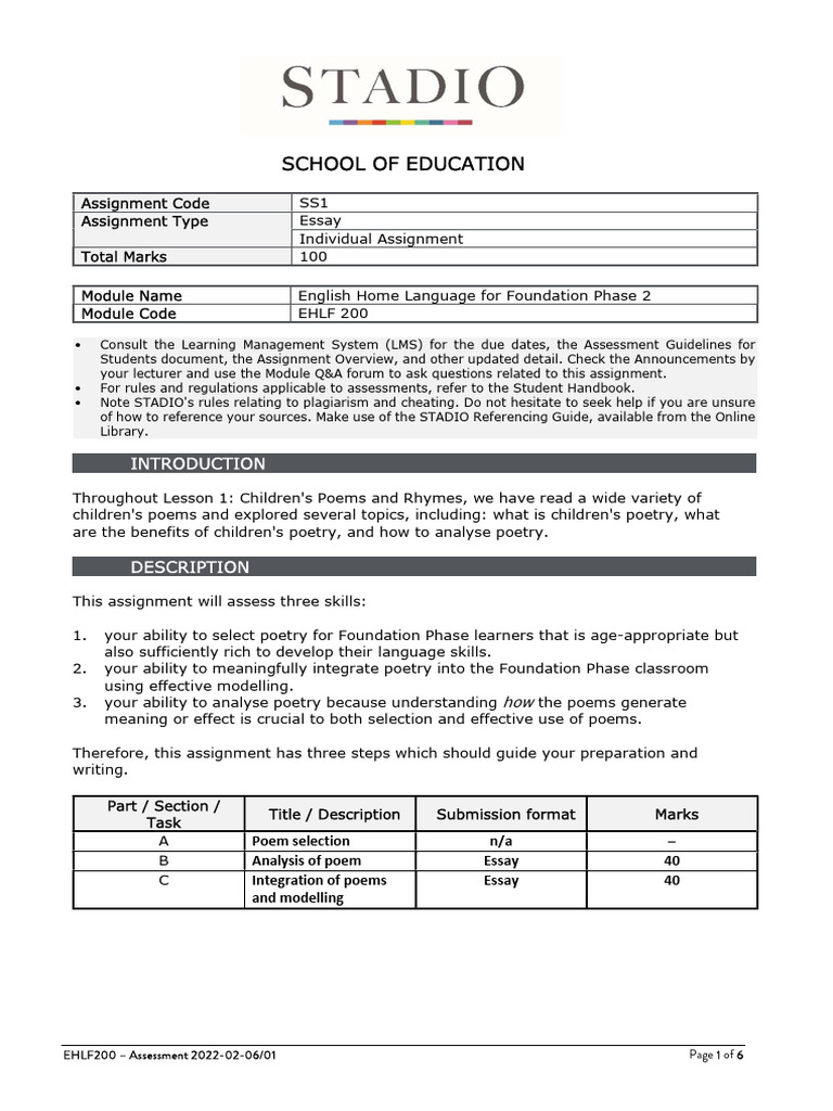 Microsoft Word - Assignment Template - SS1 | PDF | Poetry | Human ...