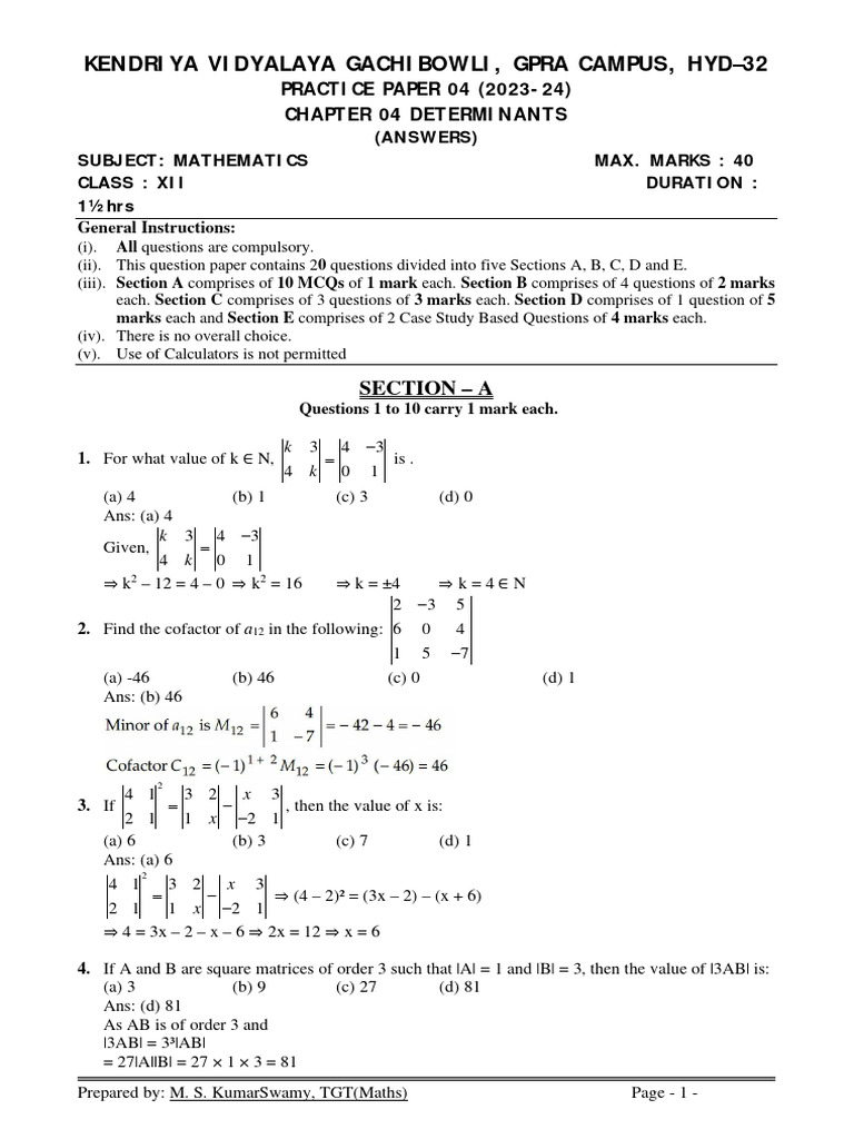 Maths Class Xii Chapter 04 Determinants Practice Paper 04 Answers | PDF | Determinant | Matrix ...