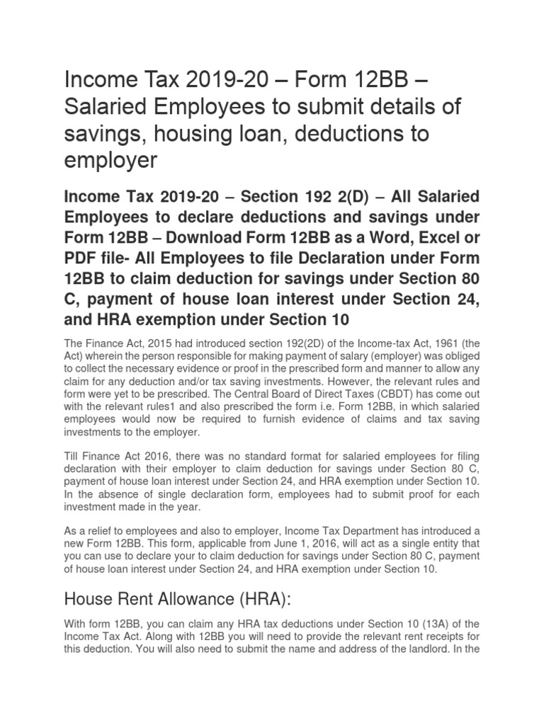 Income Tax 2019 20 Declaration in Form 12BB | PDF | Tax Deduction | Expense