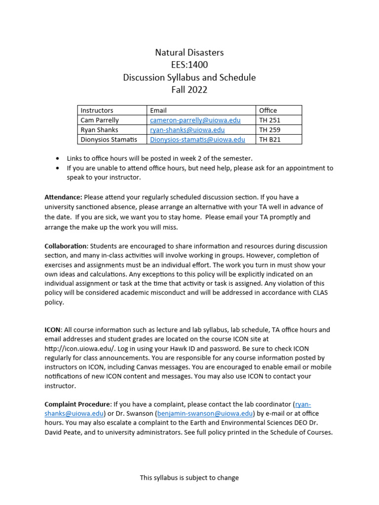 EES1400 - Natural Disasters Discussion - Syllabus - F22 | PDF ...