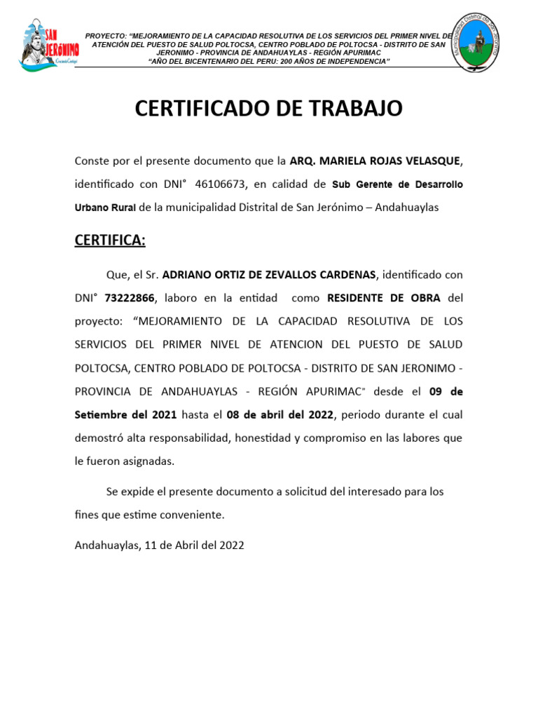 Modelo de Certificado de Trabajo Word | PDF