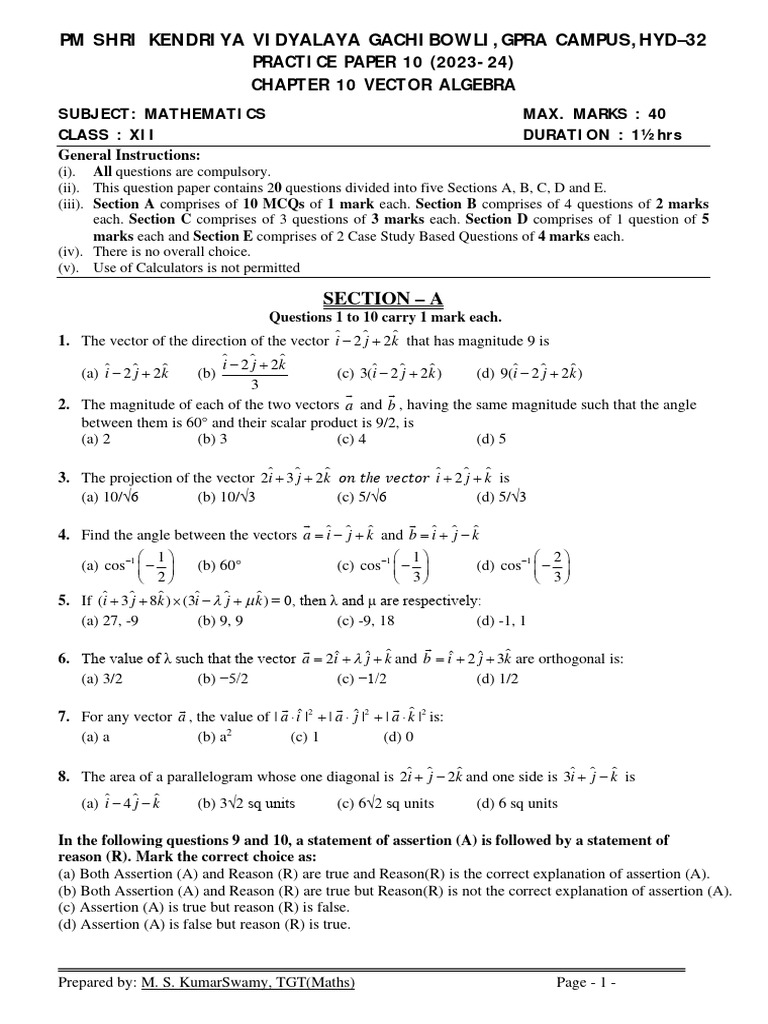 Maths Class Xii Chapter 10 Vector Algebra Practice Paper 10 | PDF | Euclidean Vector | Euclidean ...