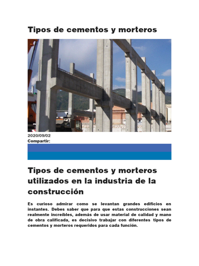 Tipos de Cementos y Morteros - para Combinar | PDF | Mortero (Albañilería) | Cemento