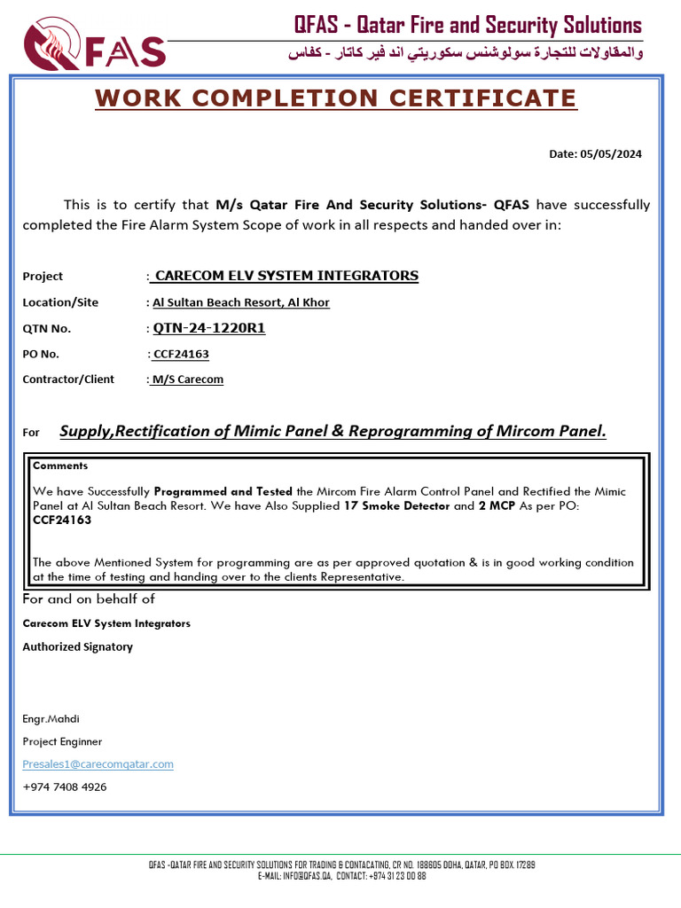 QFAS Fire Alarm System Completion Certificate | PDF