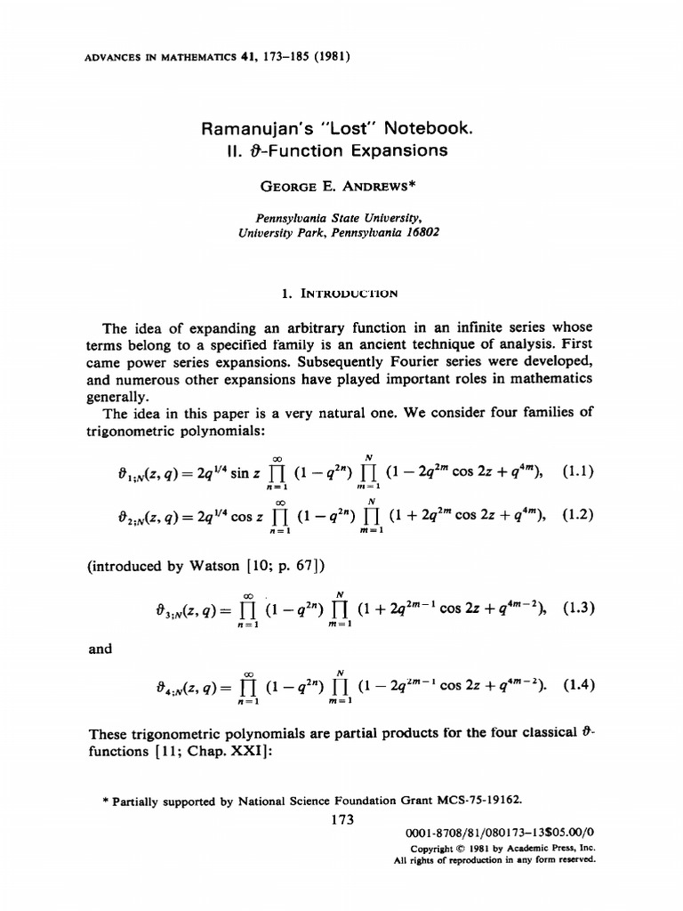 Ramanujan's "Lost" Notebook. II. @-Function Expansions: @,, (Z, Q) 2q114 Sin Z Fi | PDF ...