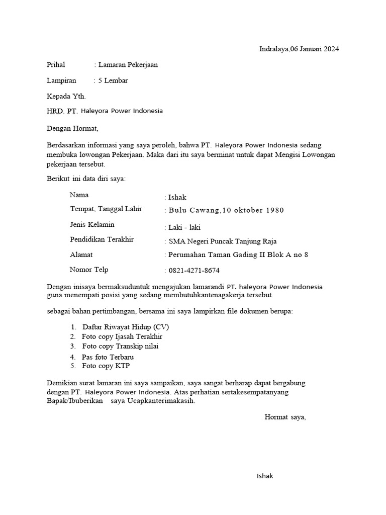Surat Lamaran PT. Haleyora Power | PDF