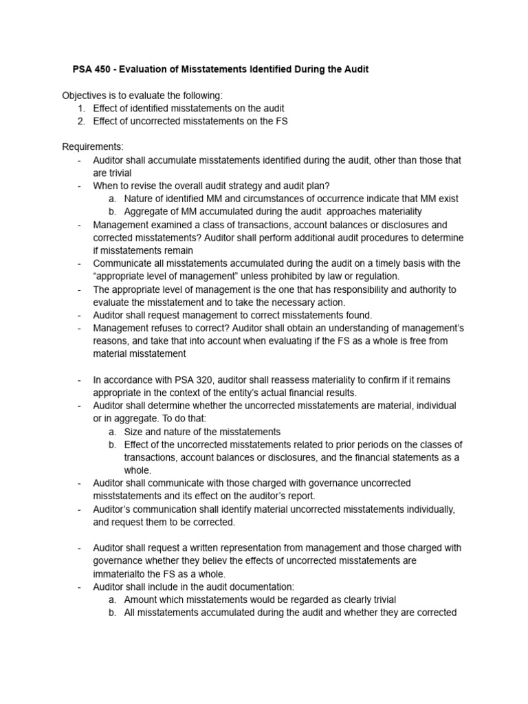 Prefinal q1 - Audit Notes (Psa 450, 580, 600, 610, and 620) | PDF ...