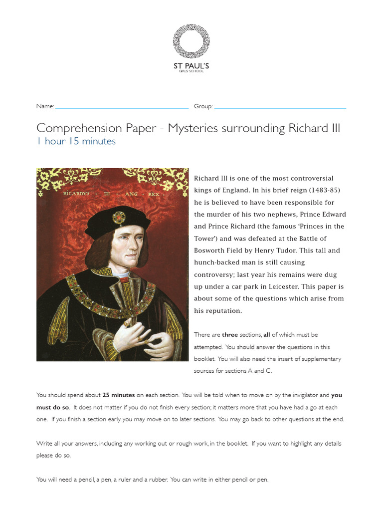 Sample Comprehension Paper 3 | PDF | Richard Iii Of England ...