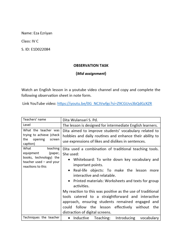 Observation Task Mid | Download Free PDF | Learning | Teachers
