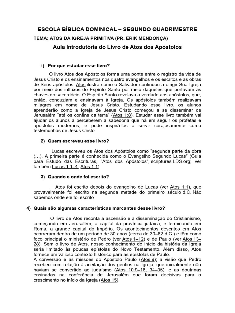 Aula Introdutoria EBD | PDF | Apóstolo Paulo | Atos dos apóstolos